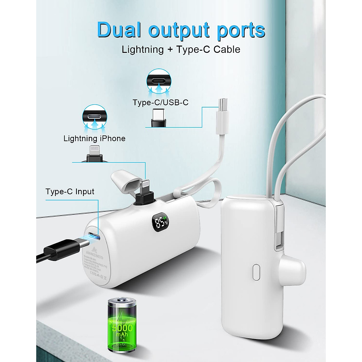 Aimenzunto Small Portable Charger, 5000mAh Lightning & USB C Dual Output Power Bank, LED Display Battery Pack Fast Charging for iPhone 14/13/12/11 Samsung S22/S21 Google Pixel Moto LG and More, White
