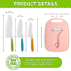Kids Knifes Set,Nylon Knives Safe Baking Cutting Cooking Children's Beginners Cut Fruits Salad Veggies CakeFun Firm Grip Serrated Edges Friendly Childrens Knife With Cutting Board Peeler 5Pack (pink)