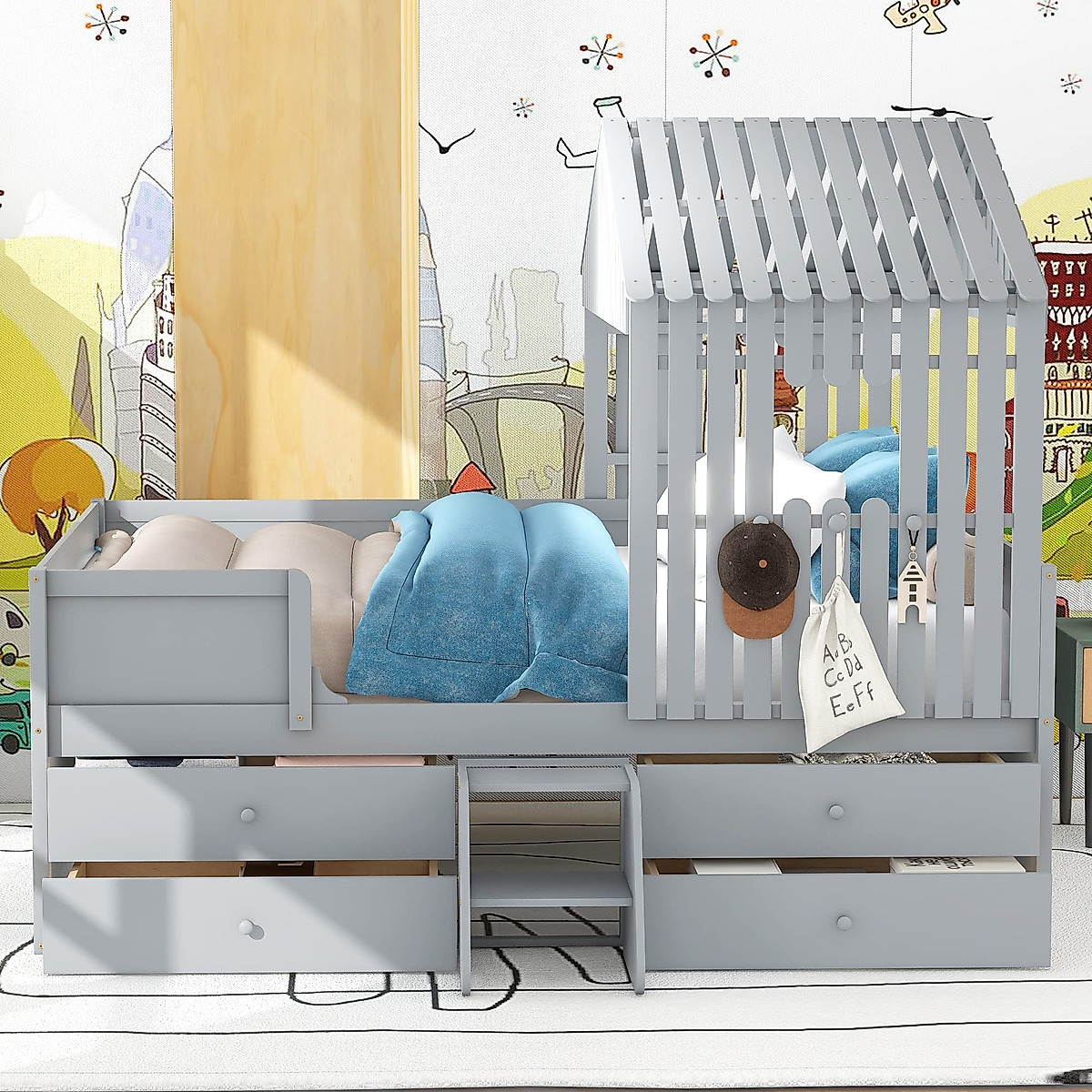 Full Size House Bed for Kids, Full Bed Frame with 4 Storage Drawers, Fences and Roof, Solid Wooden Low Loft Bed Full Platform Bed Frame for Kids Teens Girls & Boys (Full, Gray)