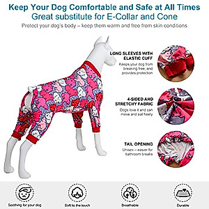 LovinPet Clothes for Big Dogs - Anxiety Relief Shirt, Dog Sun Protection, Post Surgery Recovery Pajamas for Dogs, Comfy Stretchy Fabric, Polar Fleece Polka Dot Bear Pink Print, Large Dog Pjs,Red M