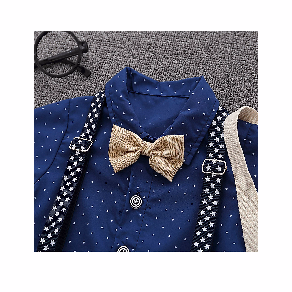HeMarIsle Baby Boy Long Sleeve Gentleman Blue Shirt Bowtie Tuxedo Suit Onesie with Suspenders Dressy Clothes (Blue2190, 0-3 M)