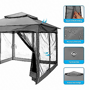 TABU 11x11 Pop Up Gazebo, Outdoor Canopy Tent, Pop-Up Gazebo Tent with Mosquito Netting, Pop-Up Gazebo Shelter with Zippered Screen Wall Panels for Patio Garden Backyard (Dark Grey)