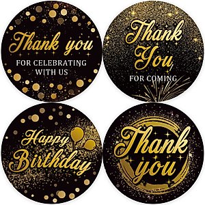 80 Black Gold Birthday Thank You Stickers, Big Milestone Bday Party Favor Labels, Birthday Stickers for All Ages