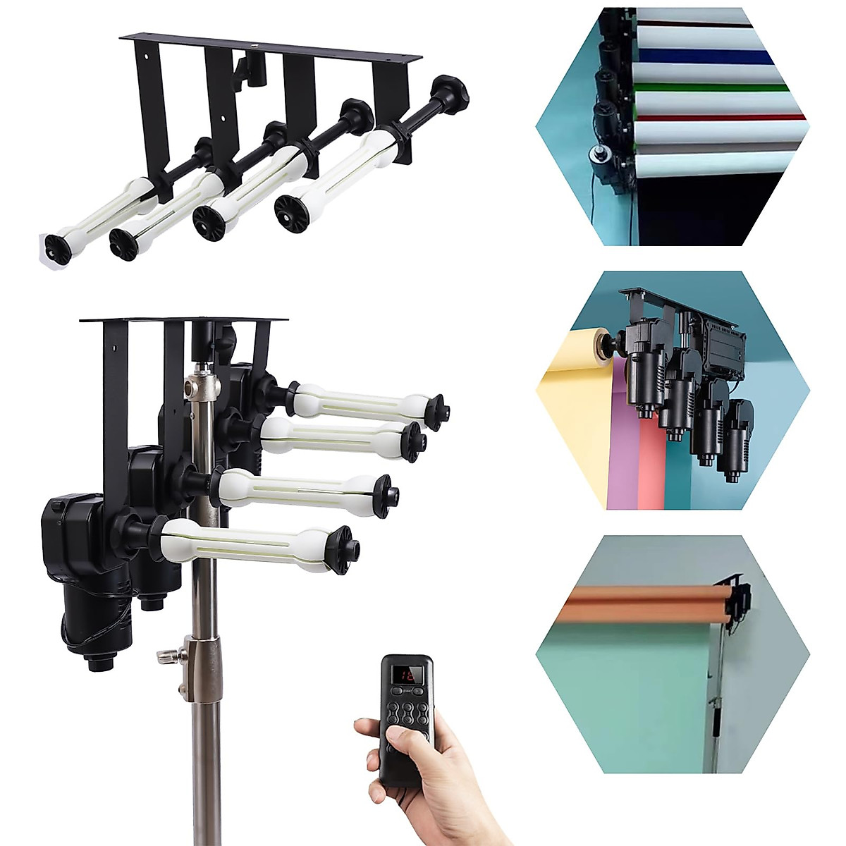 LOYALHEARTDY 4 Roller Wall Mounting Electric Motorized Background Support System with Remote Control for Photography, Including 2 x Four-fold Mounting Brackets, 4 x Electric Motors