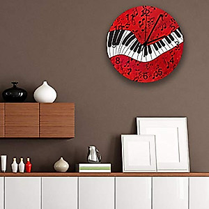 Round Wall Silence Clock Music Musical Notes with Piano Decorative Non-Ticking Battery Operated Clock Red White Wooden Wall Decor Clock for Bedroom Living Room Home Office School