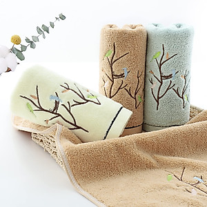 Pidada Hand Towels Set of 2 Embroidered Bird Tree Pattern 100% Cotton Absorbent Soft Decorative Towel for Bathroom (Brown)