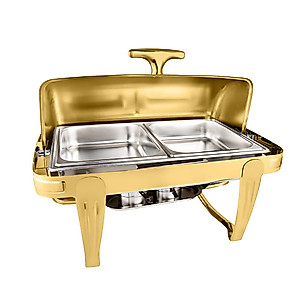HONHPD Gold Roll Top Chafing Dish Buffet Set, 9 Quart Rectangular Stainless Steel Chafer, Buffet Servers and Warmers Set Warming Tray for Wedding, Parties, Banquet, Catering Events