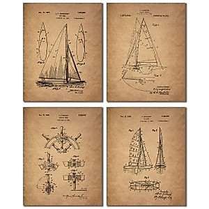 BigWig Prints Vintage Sailing Patent Prints - Sailboat Wall Art, Nautical Wall Decor, Sailboat Blueprint Art, Marine Patent Posters for Boat Lovers - Unframed Set of 4 (8x10)