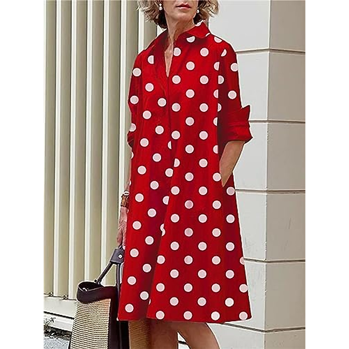 L Red Polka Dots Women's Casual Shirt Dress Shirt Collar Long Sleeve Shift Midi Dresses Fashion Office Daily Loose Print Dress with Pockets