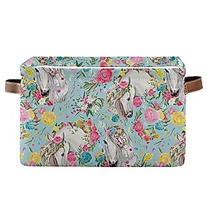 Large Storage Basket Horse and Flower Foldable Storage Box Organizer Bins with Handles for Bedroom Home Office