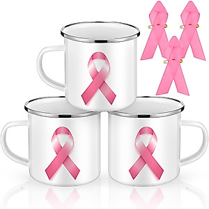 Potchen 3 Set Breast Cancer Awareness Mini Coffee Mug with Pink Ribbon Pin Pink Ribbon Enamel Mugs Breast Cancer Mini Drinking Cups for Tiered Tray Decoration Breast Cancer Survivor Gifts for Women