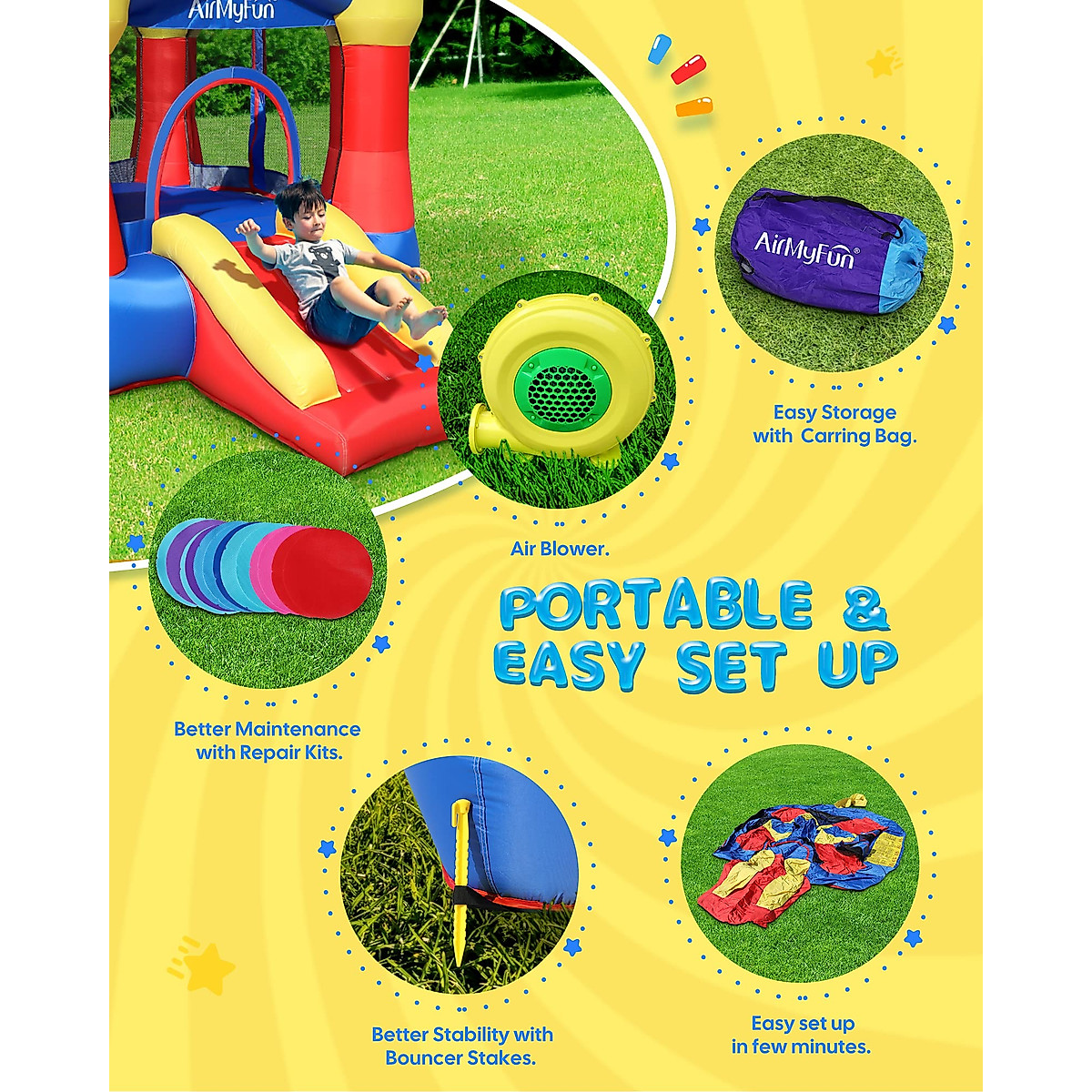 AirMyFun Toddler Bounce House with Blower for Kids 3-8, Inflatable Bouncy Jumping Castle with Slide, Indoor/Outdoor Jump Bouncer House, 82011A