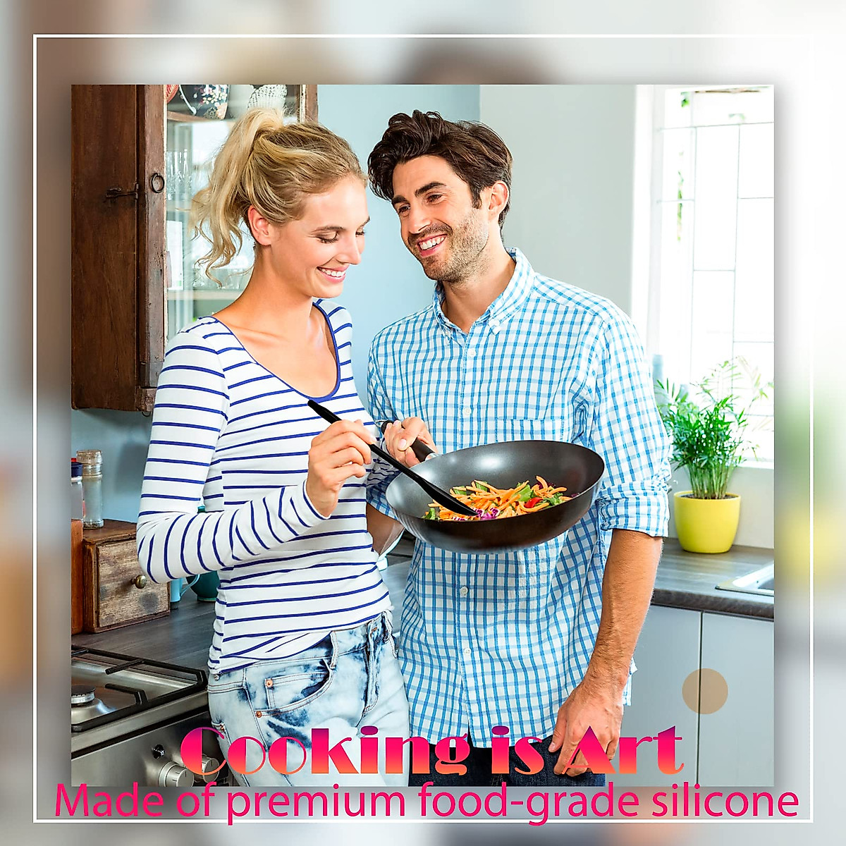 2 Pieces Silicone Cooking Spoons Set Heat Resistant Silicone Spoon Nonstick Mixing Spoons Spaghetti Sever Long Slotted Spoon, Silicone Serving Spoons 13 Inches for Stirring & Frying