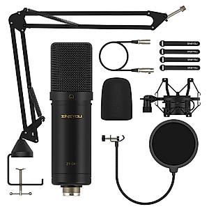 ZINGYOU XLR Condenser Microphone, Cardioid Studio Recording Mic Kit with Boom Arm, Shock Mount, Pop Filter, Windscreen and Cable Ties for Podcast, Voice Over, Vocal, Streaming, YouTube, CA1 (Black)