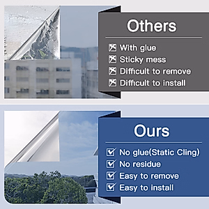 Haton Window Privacy Film One Way Window Tint for Home, Sun Blocking Anti UV Heat Control Reflective Mirror Vinyl, No Glue Static Cling Glass Door Window Covering, Silver, 17.5 x 78.7 Inches