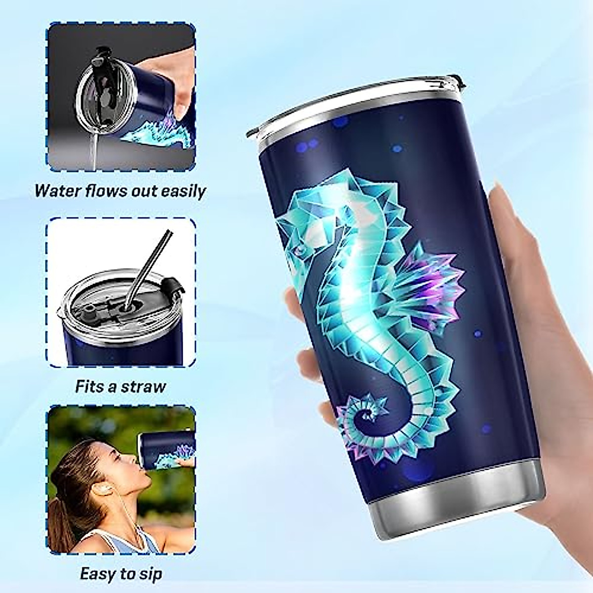 YETTASBIN Crystal Seahorse Tumbler with Straw Lid, 12oz Stainless Steel Tumbler Cup Double Wall Vacuum Insulated Travel Coffee Mug for Hot and Cold Drinks