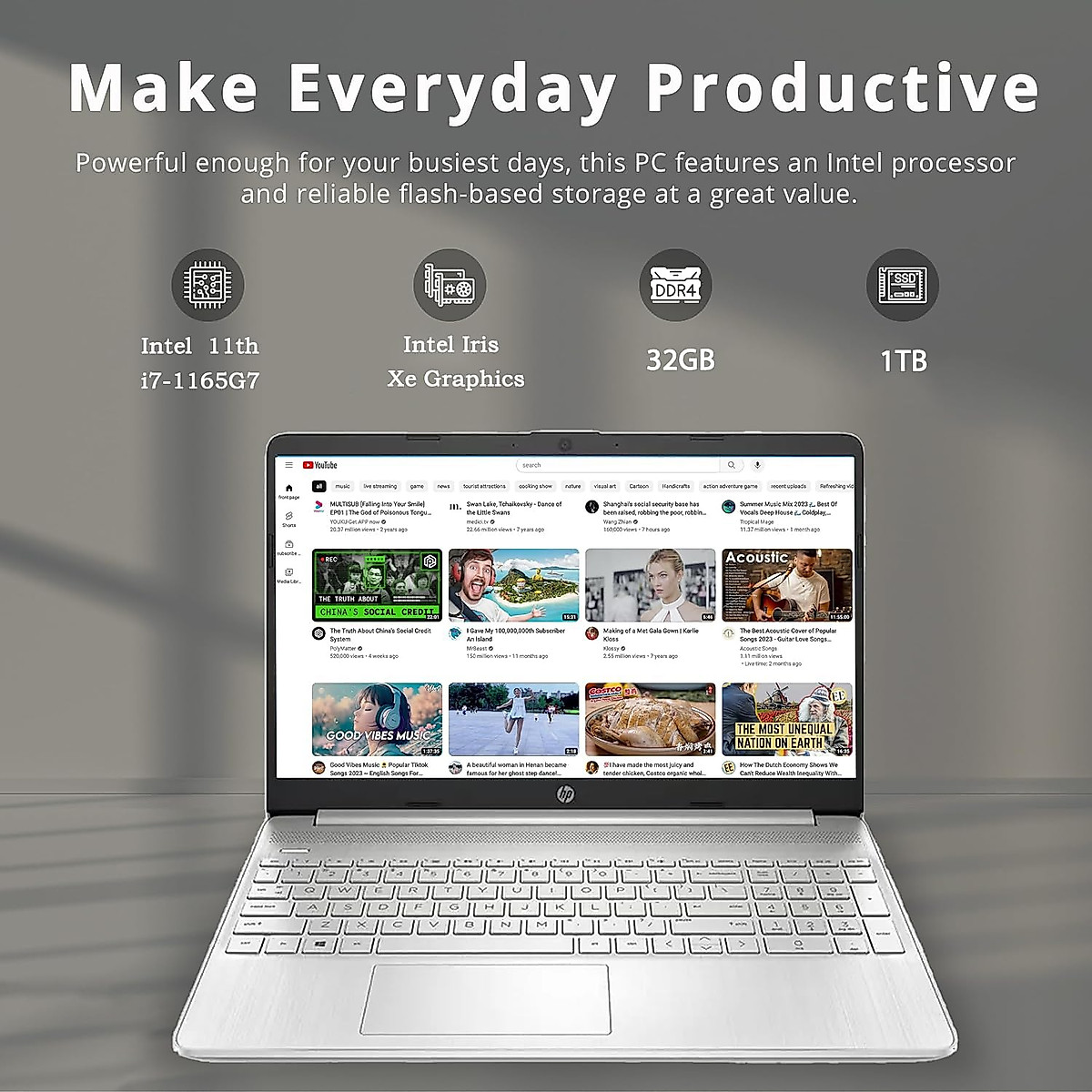 HP Touchscreen Laptop, 15.6 Inch FHD Business Laptop, Intel i7-1165G7, 32GB RAM, 1TB SSD, Windows 11 Pro, 10 Number Key, Silver, PCM