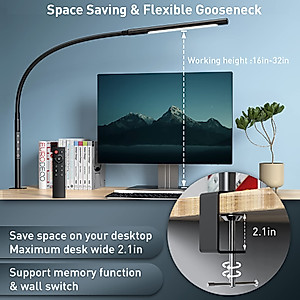 AmazLit Swing Arm Desk Light with Remote Control, Eye-Caring Gooseneck Desk Lamp, Adjustable Brightness & Color Temperatures, Modern LED Clamp Light with Memory & Timer Function, 12W, Matteblack