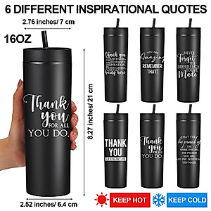Rtteri 6 Pcs Employee Appreciation Gifts Bulk Thank You Tumblers Gifts for Women 16oz Inspirational Plastic Skinny Tumblers with Lids for Women Men Secretaries Teacher Coworker(Black, Motivational)