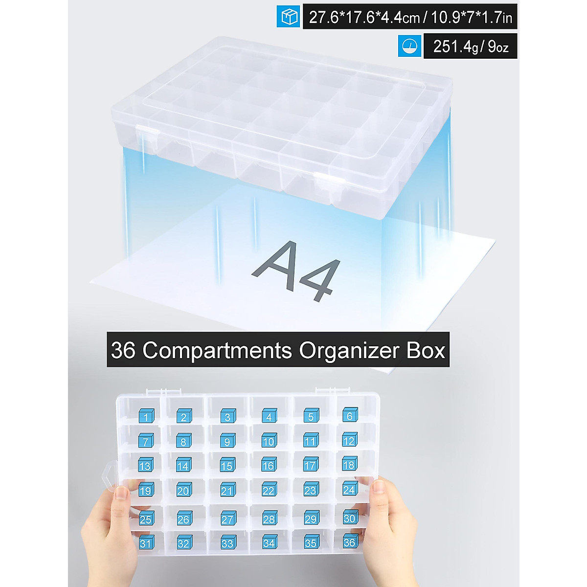 Hlotmeky Bead Organizer 36 Grids 4 Pack Clear Plastic Parts Organizer Box 3600 Tackle Box Craft Storage Compartment Divided Container