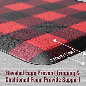 Carvapet Buffalo Plaid Kitchen Mat Cushioned Anti Fatigue Comfort Floor Mat Waterproof Non-Slip Kitchen Foam Rug Ergonomic Standing Mat for Home Kitchen Office Laundry, Black & Red,17.3"x28"