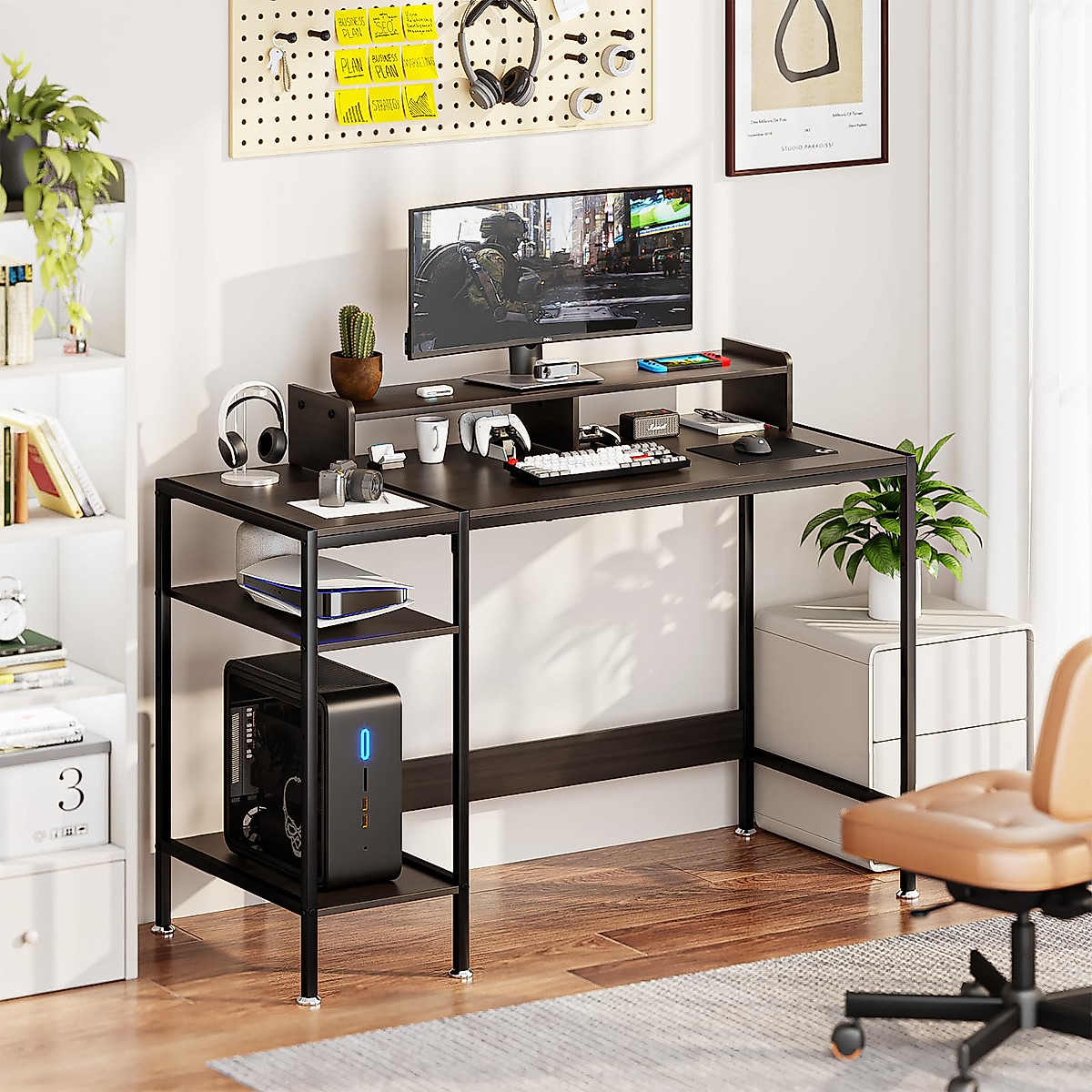 GZSHIYITECH 47”Gaming Desk/Computer Desk，Home Office Desk with Monitor Stand, Writing Desk for 2 Monitors,Desk Adjustable Storage Space, Firm and Practical Small Desk，Modern Design Corner Desk（Black