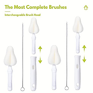 Carebabymore 8 Pcs Sponge Nipple Bottle Brushes, Baby Bottle Brush with 3 Pcs Nipple Cleaner, 3 Pcs Replacement Heads and 2 Pcs Straw Brushes, White