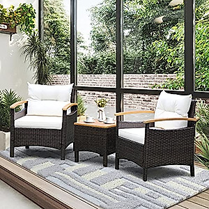 Tangkula 3-Piece Patio Furniture Set, Patiojoy Outdoor Rattan Sofa Set with Coffee Table, Patio Conversation Set with Removable Cushion, Cozy Acacia Wood Armrests for Backyard, Poolside (Off White)