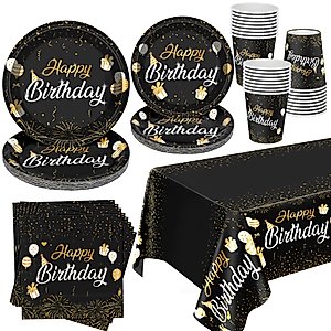 durony 126 Pieces Black and Gold Complete Birthday Tableware Set Party Supplies Includes Paper Cups Plates Napkins Waterproof Tablecloth Happy Birthday Party Favor