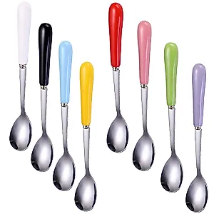 Goeielewe Set of 8 Dinner Spoons, Stainless Steel Iced Teaspoon with Ceramic Handle Soup Tablespoons Espresso Candy-Colored Coffee Spoons Mixing Spoon 5.7-Inch Long - Mixed Color