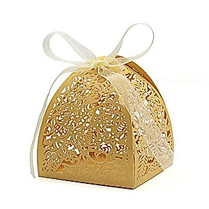 KPOSIYA Pack of 100 Laser Cut Rose Candy Boxes, Favor Boxes 2.5"x 2.5"x 3.1", Gift Boxes for Bridal Shower Anniverary Birthday Party Wedding Favor (100,Gold)