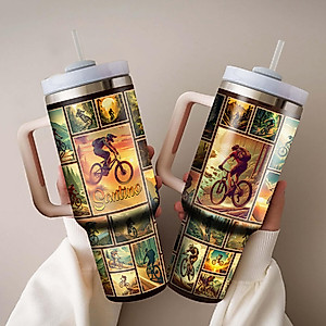 WAZONE Personalized Mountain Biking Tumbler 40oz with Handle and Straw Custom Name Insulated Travel Coffee Mug Stainless Steel Tumblers For Biker Bike Riding Lover Men Him Dad Papa On Birthday