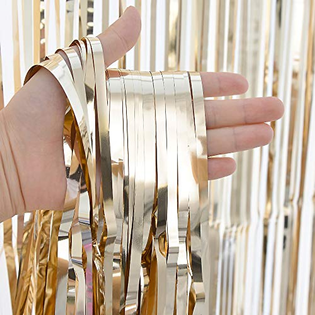 Stafih Foil Fringe Curtains 2PCS 8ft x 3ft Metallic Tinsel Photo Booth Backdrop for Wedding Birthday Bachelorette Christmas Party Decorations(Champagne)