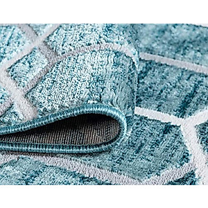 Rugs.com Lattice Trellis Collection Rug – 8 Ft Round Blue Low-Pile Rug Perfect for Kitchens, Dining Rooms