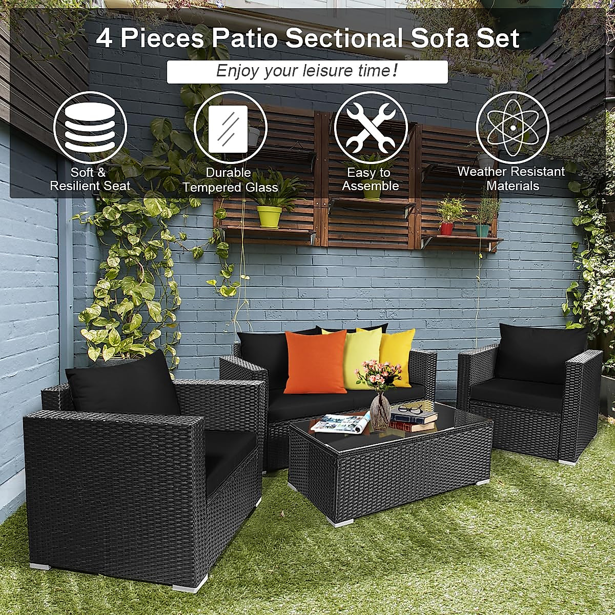DORTALA 4PCS Patio Rattan Furniture Set, Sofa Set w/Conversation Set w/Seat & Back Cushions, Outdoor Sectional Chair Set for Poolside, Black
