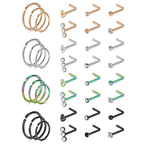 Mayhoop 18g Stainless Steel Nose Rings Hoop L Shape Nose Studs Nose Screw Bone Silver Rose Gold Black Rainbow Pack for Women Men