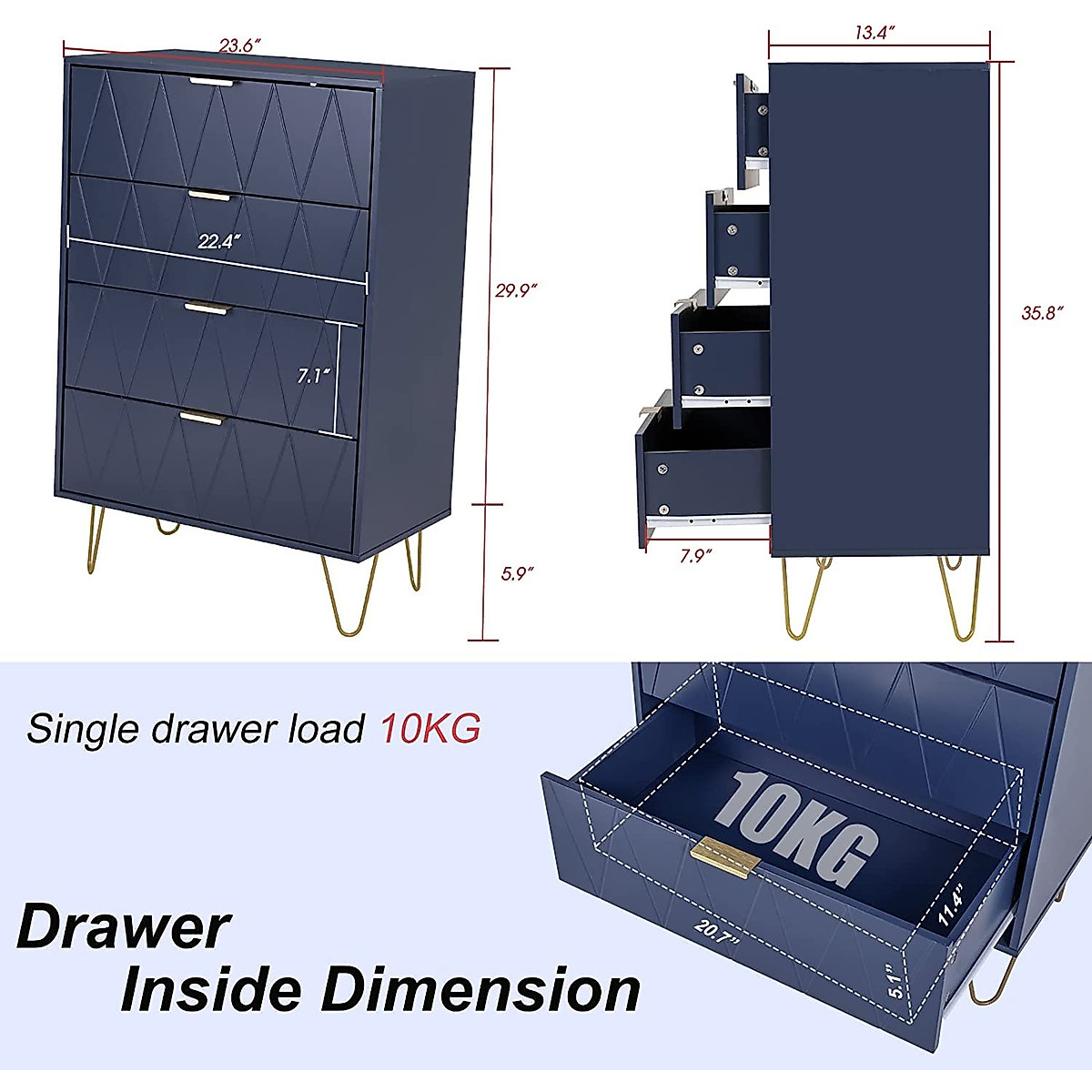 UEV Navy Blue 4 Drawer Dresser for Bedroom, Tall Bedroom Dresser with Large Drawer & Golden Handles, Wooden Modern Storage Cabinet Chest of Drawer for Bedroom,Closet,Hallway (Navy Blue)