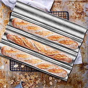 KIAADSY French Baguette Bread Pan,Non-Stick French Bread Mold, Perforated 4 Slot French Baguette Pan for Home and Professional Bakers, 15 “x12.8” (Silver)