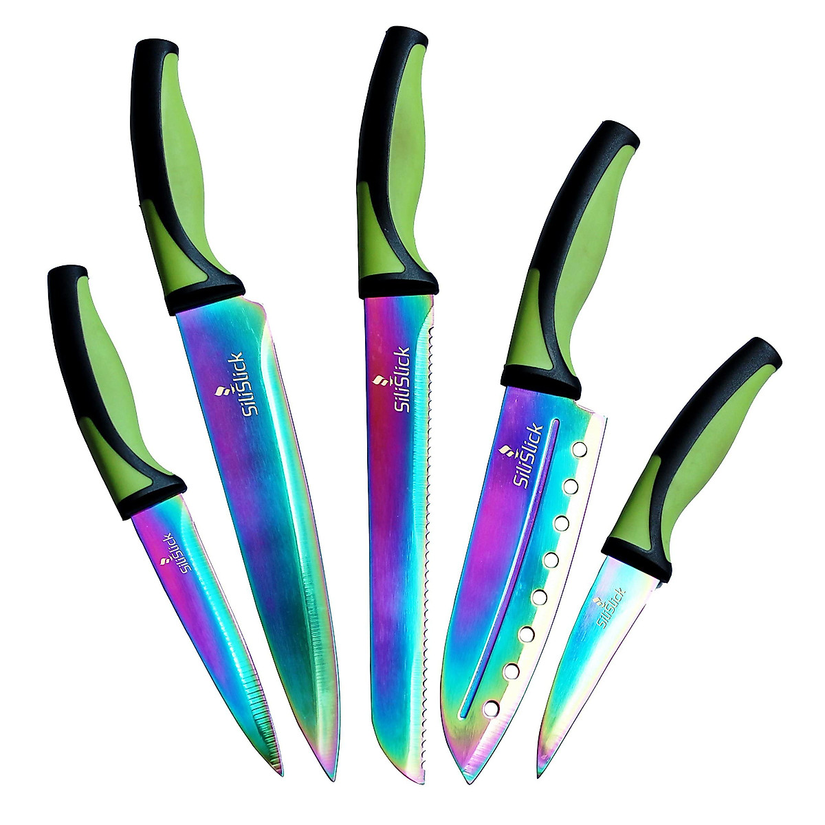SiliSlick Kitchen Knife Set Titanium Coated Blades and Portable Sharpener