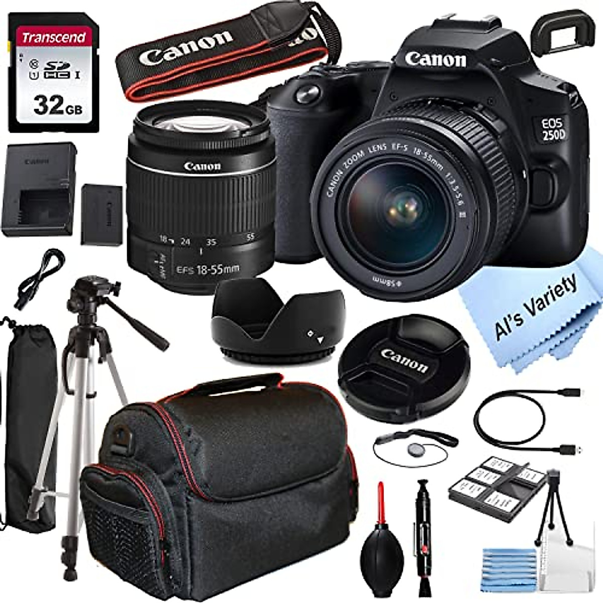 Canon EOS 250D (Rebel Sl3) DSLR Camera w/EF-S 18-55mm F/3.5-5.6 Zoom Lens + 32GB Memory + Case + Tripod (20pc Bundle) (Renewed)