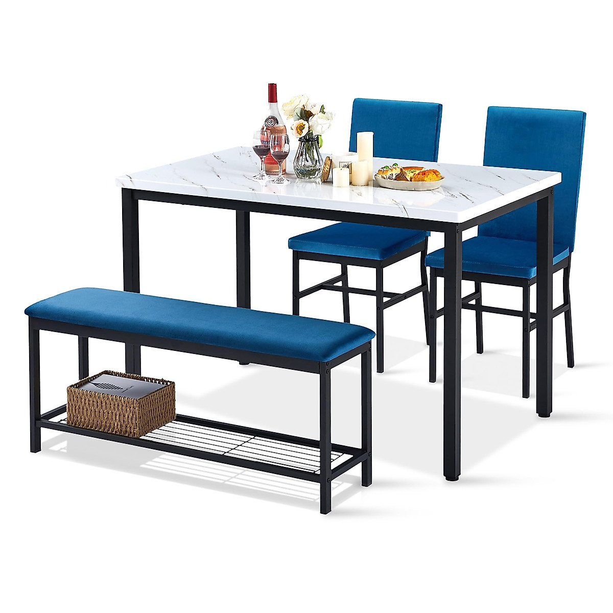 YOFE Dining Table Set for 4,Faux Marble Kitchen Table,Velvet Chairs and Bench with Storage Net,Kitchen Table Chairs Set for Dining Room,Small Apartment (Blue 1+3)