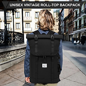 Kasqo Laptop Backpack for Men, 17 Inch Rolltop Large Capacity Water Resistant Travel Casual Daypack, Black