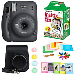 Fujifilm Instax Mini 11 Instant Camera + Instax Mini Twin Pack Film + Hanging Frames + Plastic Frames + Case + Close Up Filters - All Inclusive Bundle! (Charcoal Grey)