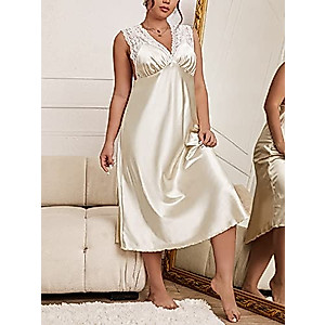 WDIRARA Women's Plus Size Sleepwear Lace Trim V Neck Satin Nightdress Sleeveless Nightgowns Champagne 4XL