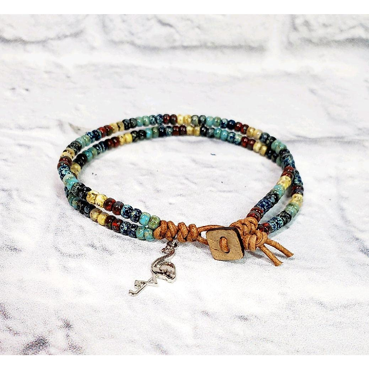 Beaded Leather Wrap Anklet Women Handmade Leather Ankle Cuff Bracelet 10 Inches Flamingo Charm