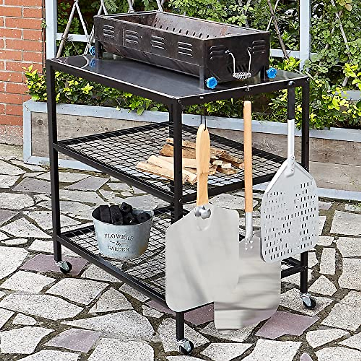 WEASHUME Three-Shelf Movable Food Prep and Work Cart Table Stainless Steel Grill Cart Modular Table with Wheels Commercial Kitchen Table Heavy Duty Grill Cart Outdoor Cart 31.5"×24"×35.5"