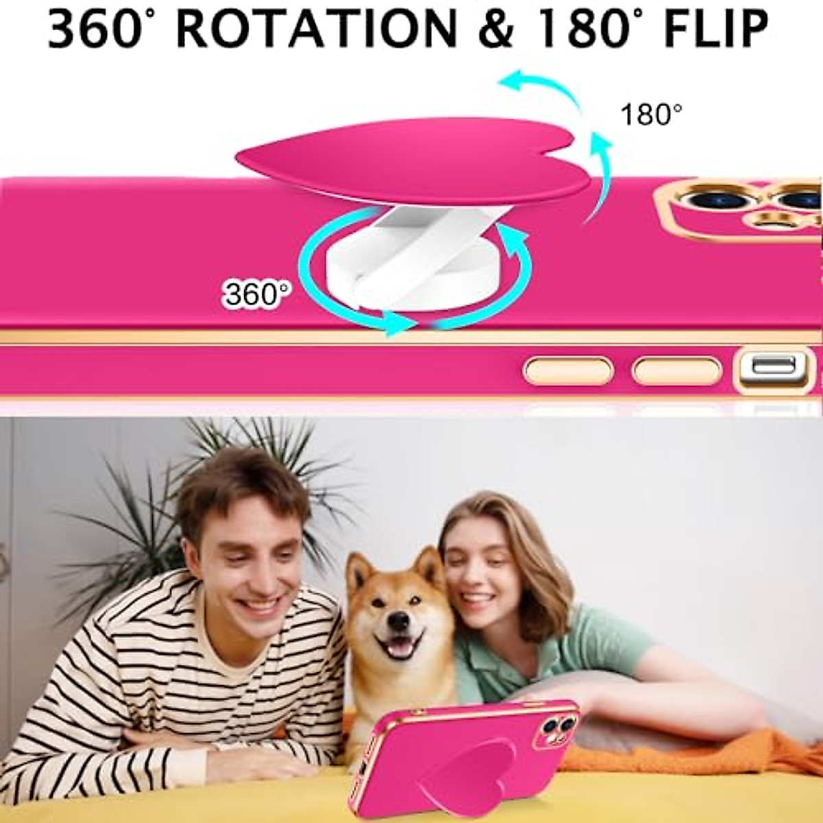 Telaso iPhone 12 Case, Hot Pink, Plastic, Slim Shockproof Protective Cover with Separate Love Heart Kickstand Holder, for Women