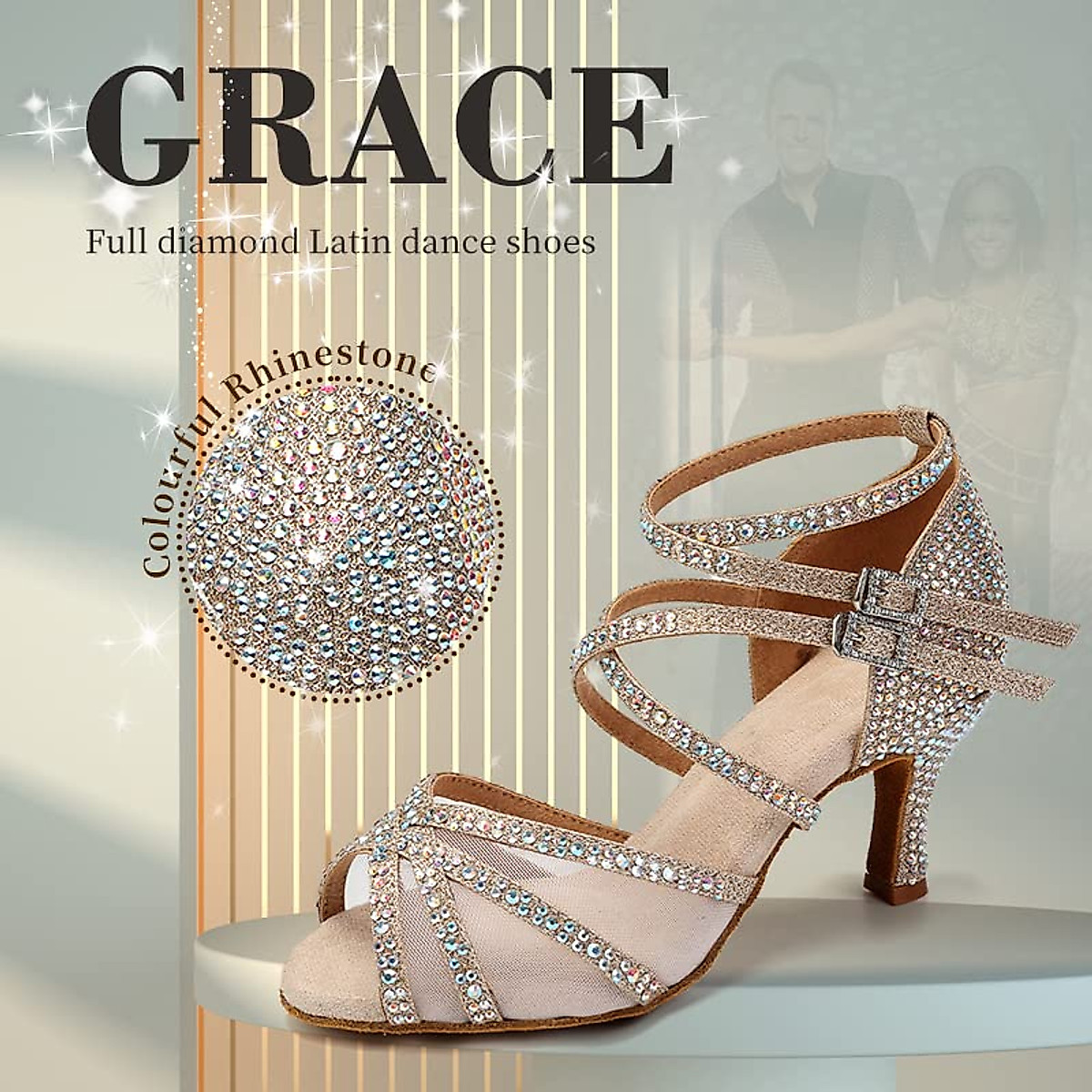 RUYBOZRY Women Latin Dance Shoes Rhinestones Ballroom Salsa Bachata Wedding Perfermence Dancing Shoes,YCL508-Gold-8.5,US 5