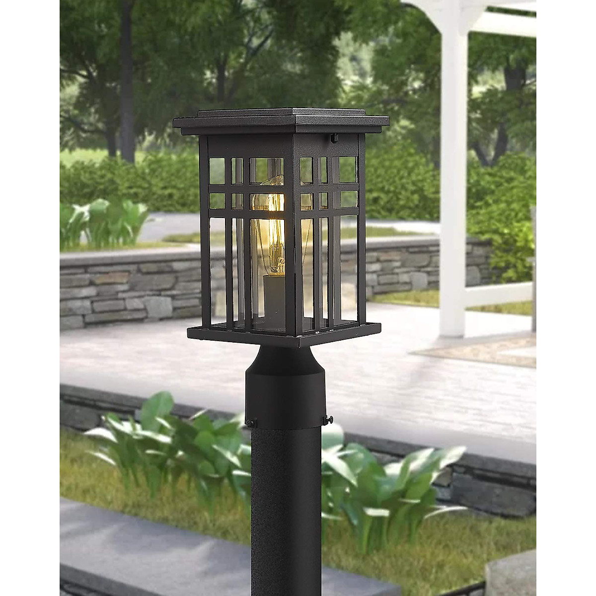 zeyu Exterior Post Light, Outdoor Pole Lantern Pillar Light Fixture with Clear Glass Shade and Black Finish, 20068-P BK