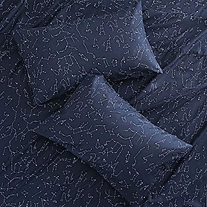 Wake In Cloud - Constellation Sheet Set, Navy Blue with White Space Stars Pattern Printed, Soft Microfiber Bedding (4pcs, Full Size)